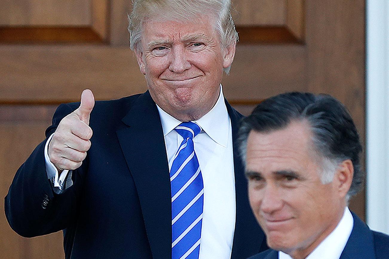 Trump, Romney, once bitter rivals, meet, smile, shake hands | HeraldNet.com
